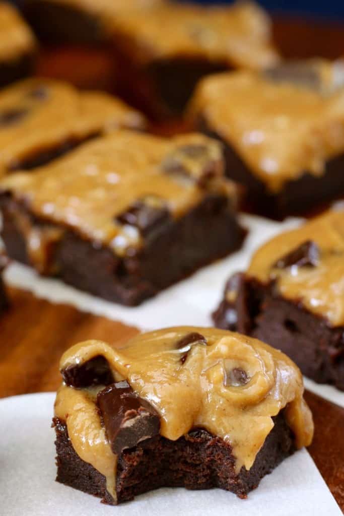 Flourless Caramel Chocolate Chunk Frosted Fudge Brownies {Paleo}