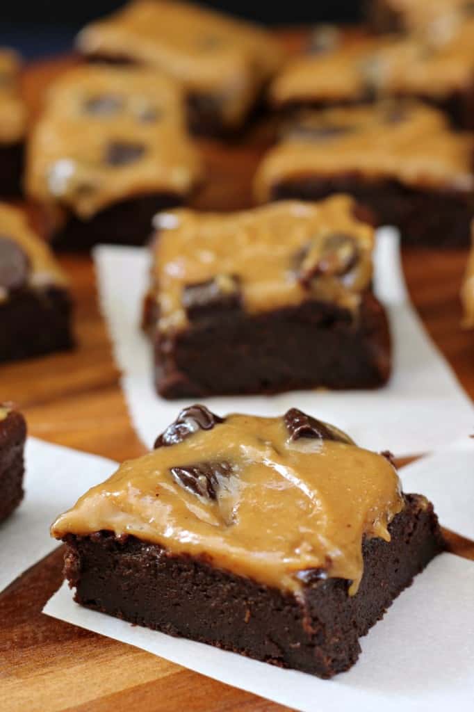 Flourless Caramel Chocolate Chunk Frosted Fudge Brownies {Paleo}