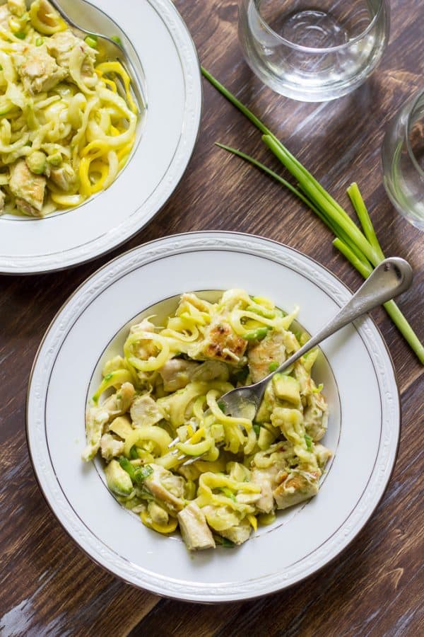 Zucchini Pasta with Chicken and Scallion Avocado Sauce {Whole30}