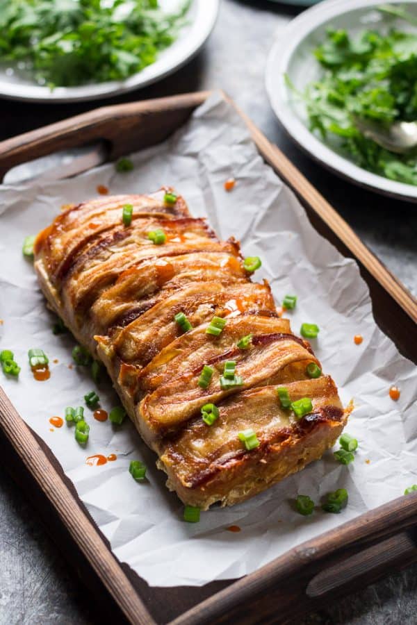 Bacon Wrapped Buffalo Ranch Chicken Meatloaf {Paleo & Whole30}