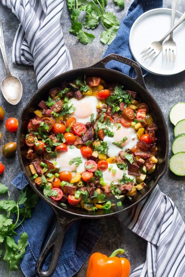 Sweet Potato Hash with Bacon and Summer Veggies {Paleo & Whole30}