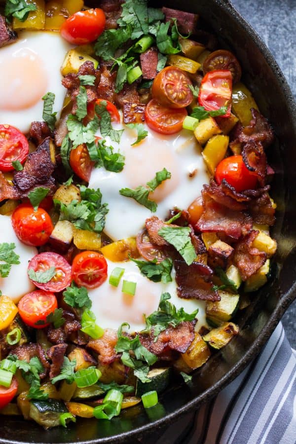 Sweet Potato Hash with Bacon and Summer Veggies {Paleo & Whole30}