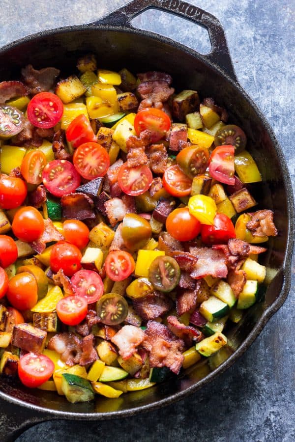 Sweet Potato Hash with Bacon and Summer Veggies {Paleo & Whole30}