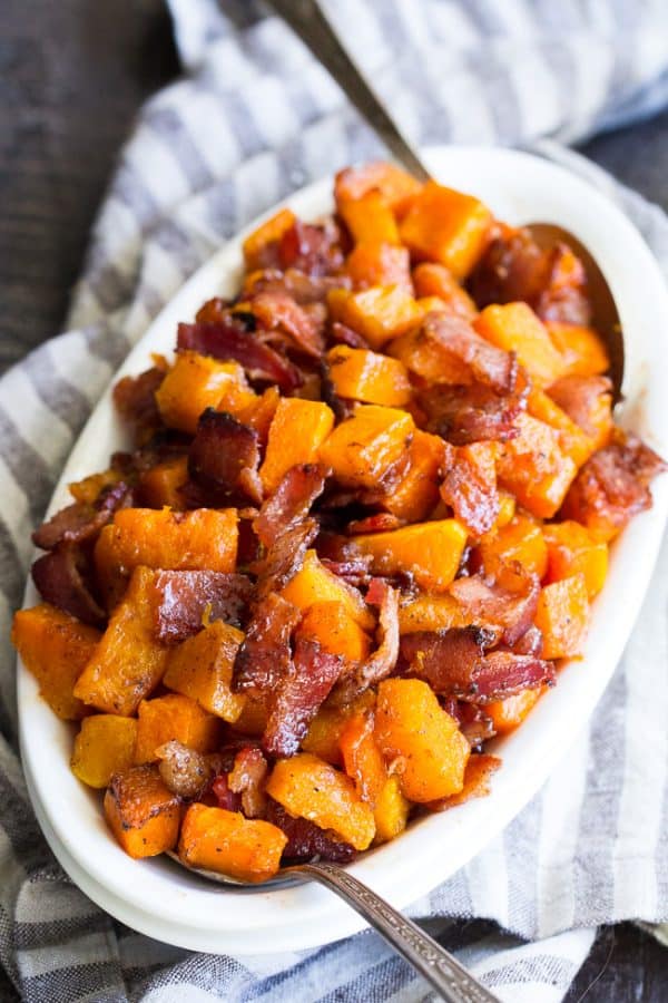 Maple Roasted Butternut Squash with Brussels sprouts and Bacon {Paleo}