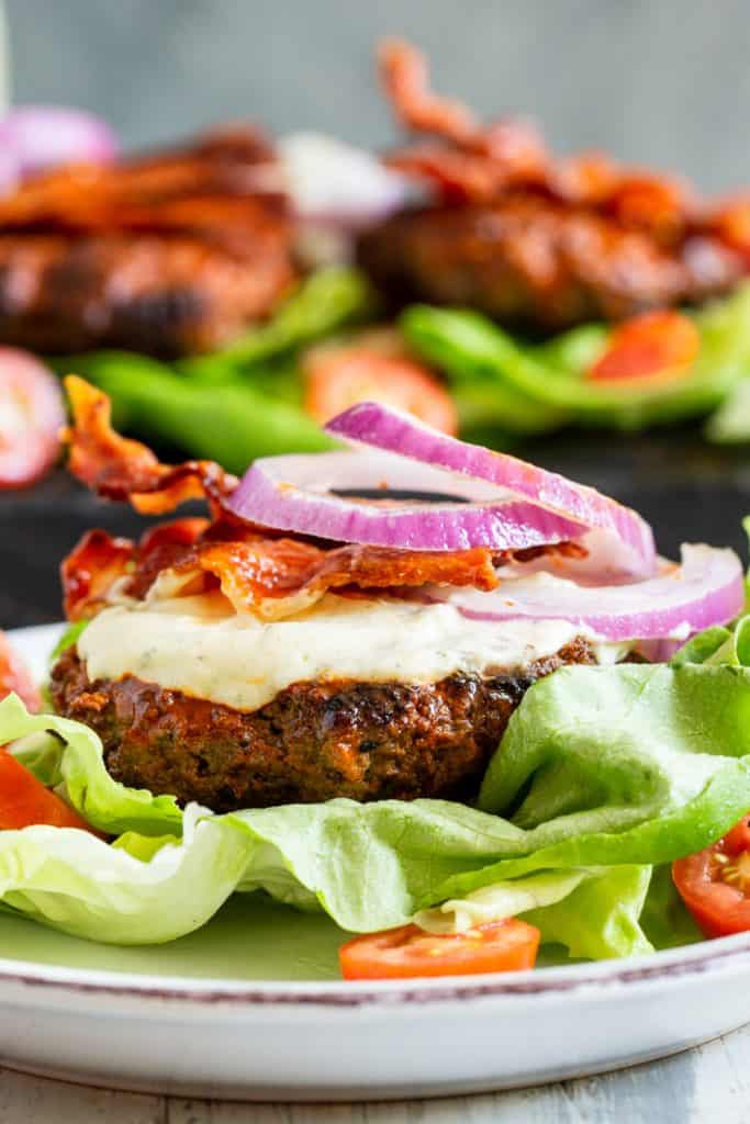Spicy Buffalo Bacon Burgers with Cool Ranch {Paleo, Whole30, Keto}