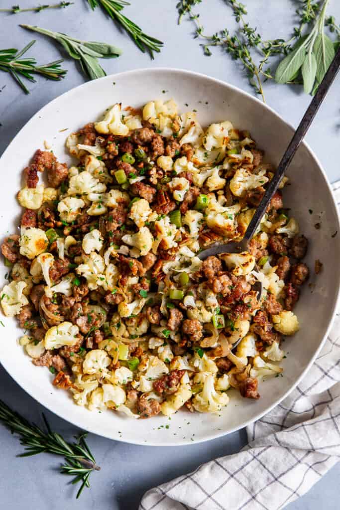 Cauliflower Stuffing with Sausage {Paleo, Keto, Whole30}