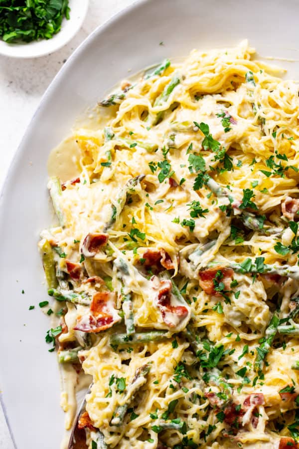 Roasted Garlic Spaghetti Squash with Asparagus and Bacon